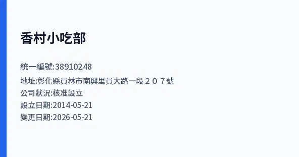 香村小吃部的照片-統編 38910248(彰化縣) 公司登記資料與營業項目詳細圖表