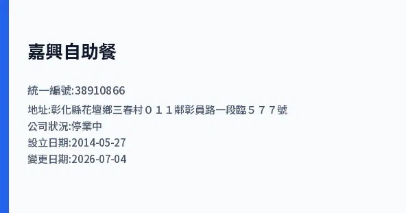 嘉興自助餐的照片-統編 38910866(彰化縣) 公司登記資料與營業項目詳細圖表