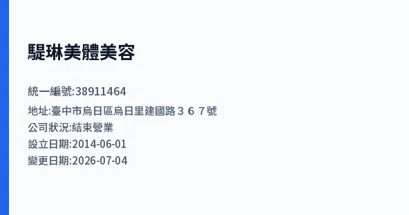 騠琳美體美容的照片-統編 38911464(臺中市) 公司登記資料與營業項目詳細圖表