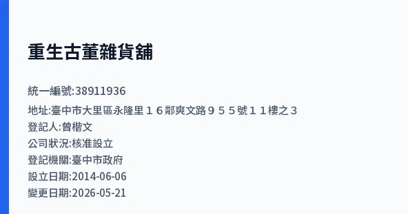 重生古董雜貨舖的照片-統編 38911936(臺中市) 公司登記資料與營業項目詳細圖表