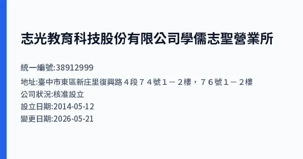 志光教育科技股份有限公司學儒志聖營業所的照片-統編 38912999(臺中市) 公司登記資料與營業項目詳細圖表