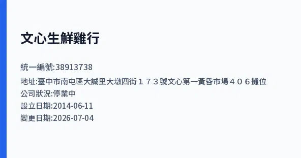 文心生鮮雞行的照片-統編 38913738(臺中市) 公司登記資料與營業項目詳細圖表
