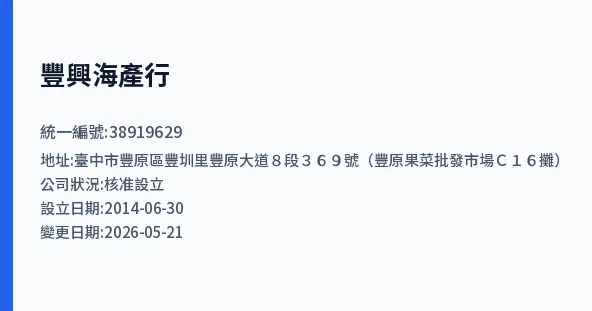 豐興海產行的照片-統編 38919629(臺中市) 公司登記資料與營業項目詳細圖表