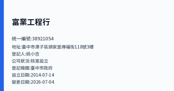 富業工程行的照片-統編 38921054(臺中市) 公司登記資料與營業項目詳細圖表