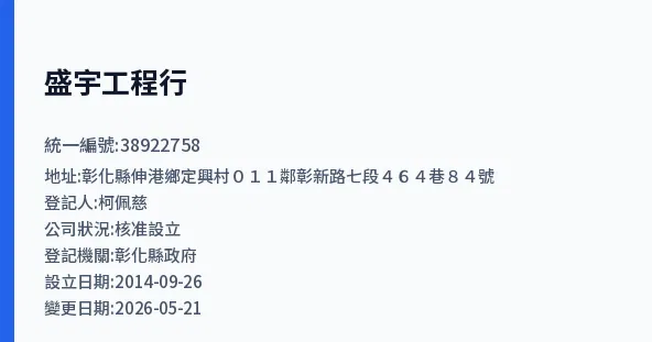 盛宇工程行的照片-統編 38922758(彰化縣) 公司登記資料與營業項目詳細圖表