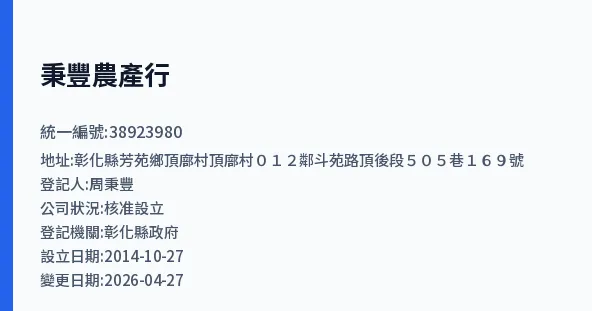 秉豐農產行的照片-統編 38923980(彰化縣) 公司登記資料與營業項目詳細圖表