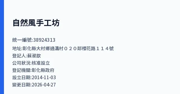 自然風手工坊的照片-統編 38924313(彰化縣) 公司登記資料與營業項目詳細圖表