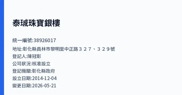 泰珹珠寶銀樓的照片-統編 38926017(彰化縣) 公司登記資料與營業項目詳細圖表