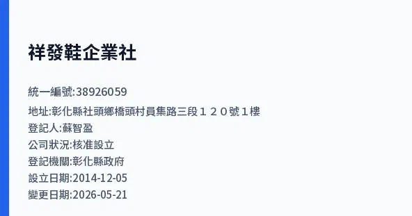 祥發鞋企業社的照片-統編 38926059(彰化縣) 公司登記資料與營業項目詳細圖表