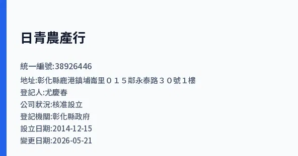日青農產行的照片-統編 38926446(彰化縣) 公司登記資料與營業項目詳細圖表