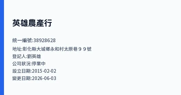 英雄農產行的照片-統編 38928628(彰化縣) 公司登記資料與營業項目詳細圖表
