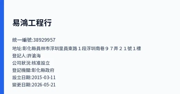易鴻工程行的照片-統編 38929957(彰化縣) 公司登記資料與營業項目詳細圖表