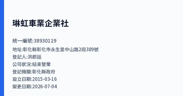 琳虹車業企業社的照片-統編 38930119(彰化縣) 公司登記資料與營業項目詳細圖表