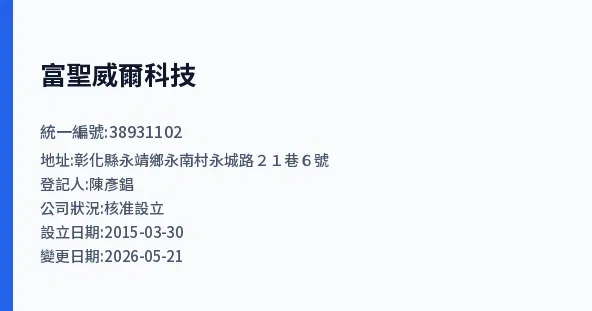 富聖威爾科技的照片-統編 38931102(彰化縣) 公司登記資料與營業項目詳細圖表