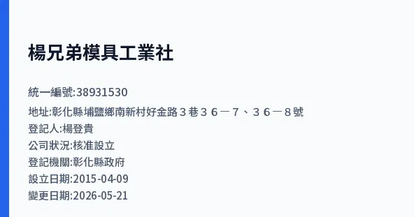楊兄弟模具工業社的照片-統編 38931530(彰化縣) 公司登記資料與營業項目詳細圖表