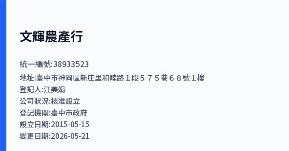 文輝農產行的照片-統編 38933523(臺中市) 公司登記資料與營業項目詳細圖表