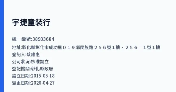 宇捷童裝行的照片-統編 38933684(彰化縣) 公司登記資料與營業項目詳細圖表