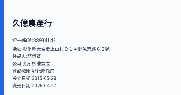 久億農產行的照片-統編 38934142(彰化縣) 公司登記資料與營業項目詳細圖表