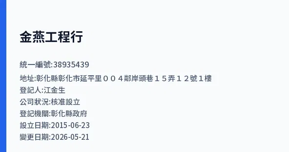 金燕工程行的照片-統編 38935439(彰化縣) 公司登記資料與營業項目詳細圖表