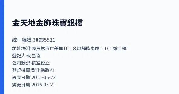 金天地金飾珠寶銀樓的照片-統編 38935521(彰化縣) 公司登記資料與營業項目詳細圖表