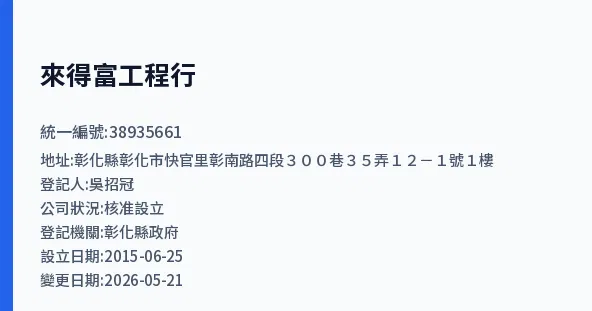 來得富工程行的照片-統編 38935661(彰化縣) 公司登記資料與營業項目詳細圖表