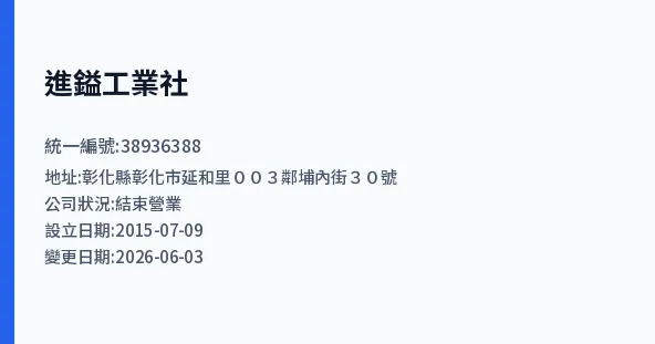 進鎰工業社的照片-統編 38936388(彰化縣) 公司登記資料與營業項目詳細圖表