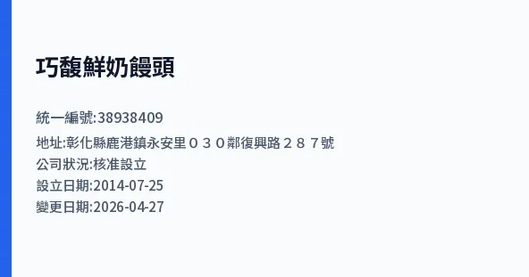 巧馥鮮奶饅頭的照片-統編 38938409(彰化縣) 公司登記資料與營業項目詳細圖表