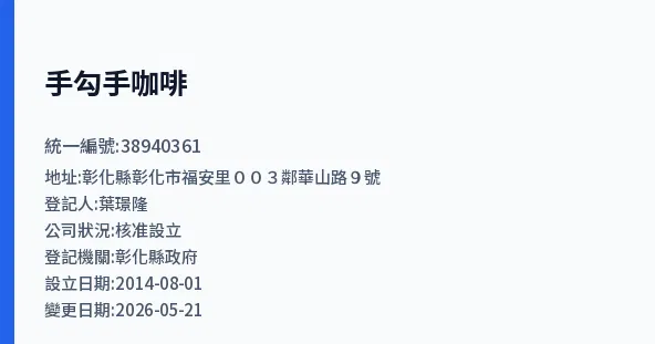 手勾手咖啡的照片-統編 38940361(彰化縣) 公司登記資料與營業項目詳細圖表