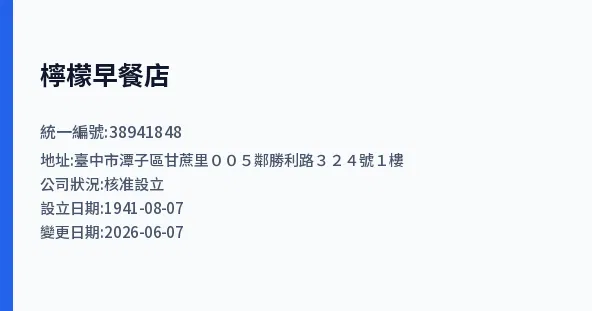檸檬早餐店的照片-統編 38941848(臺中市) 公司登記資料與營業項目詳細圖表
