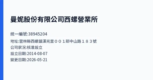 曼妮股份有限公司西螺營業所的照片-統編 38945204(雲林縣) 公司登記資料與營業項目詳細圖表
