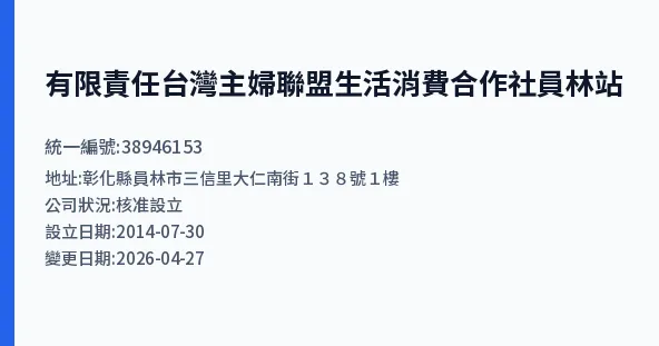 有限責任台灣主婦聯盟生活消費合作社員林站的照片-統編 38946153(彰化縣) 公司登記資料與營業項目詳細圖表