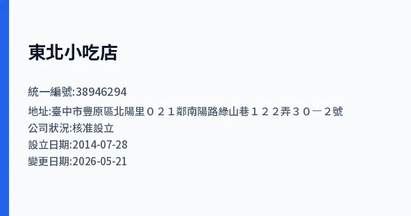 東北小吃店的照片-統編 38946294(臺中市) 公司登記資料與營業項目詳細圖表
