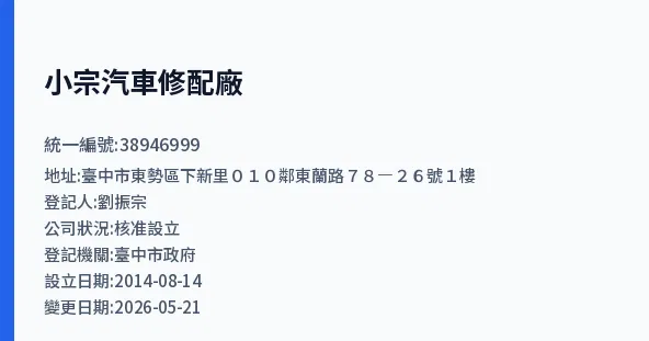 小宗汽車修配廠的照片-統編 38946999(臺中市) 公司登記資料與營業項目詳細圖表