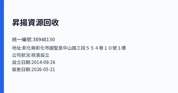 昇揚資源回收的照片-統編 38948130(彰化縣) 公司登記資料與營業項目詳細圖表