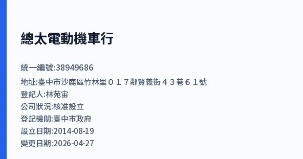 總太電動機車行的照片-統編 38949686(臺中市) 公司登記資料與營業項目詳細圖表
