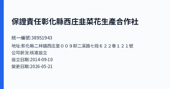 保證責任彰化縣西庄韭菜花生產合作社的照片-統編 38951943(彰化縣) 公司登記資料與營業項目詳細圖表