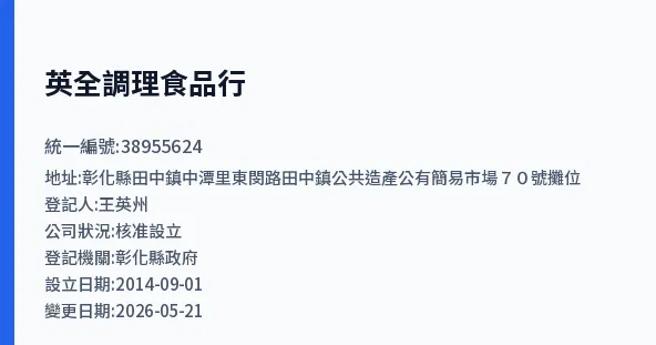 英全調理食品行的照片-統編 38955624(彰化縣) 公司登記資料與營業項目詳細圖表