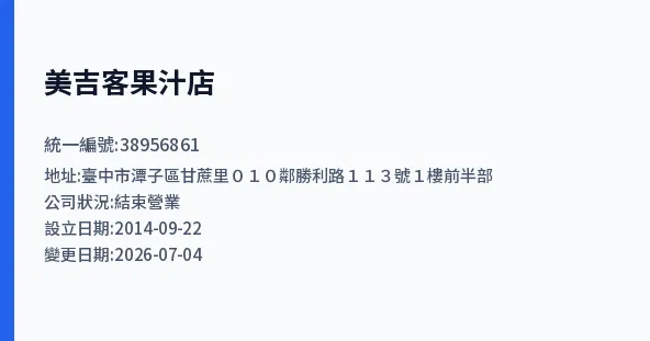 美吉客果汁店的照片-統編 38956861(臺中市) 公司登記資料與營業項目詳細圖表