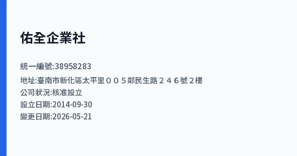 佑全企業社的照片-統編 38958283(臺南市) 公司登記資料與營業項目詳細圖表