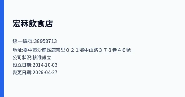 宏秝飲食店的照片-統編 38958713(臺中市) 公司登記資料與營業項目詳細圖表