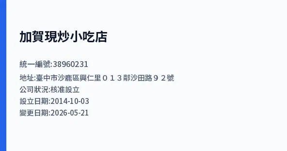 加賀現炒小吃店的照片-統編 38960231(臺中市) 公司登記資料與營業項目詳細圖表