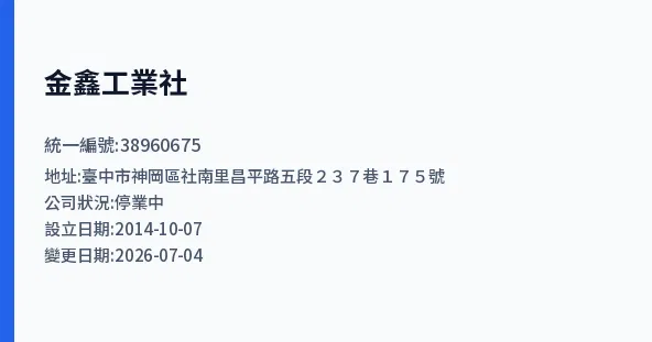 金鑫工業社的照片-統編 38960675(臺中市) 公司登記資料與營業項目詳細圖表