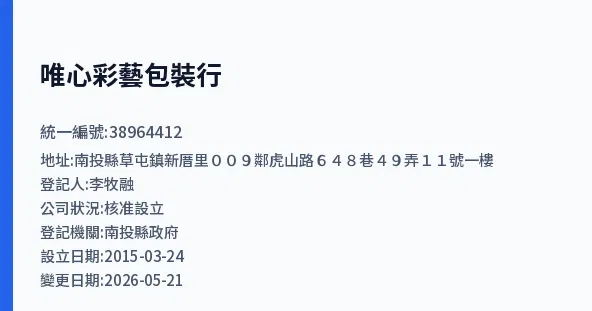 唯心彩藝包裝行的照片-統編 38964412(南投縣) 公司登記資料與營業項目詳細圖表