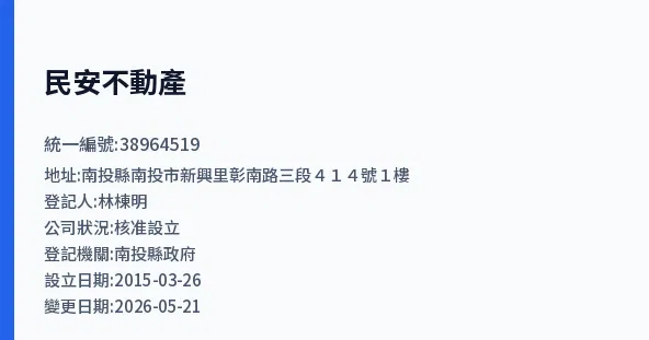 民安不動產的照片-統編 38964519(南投縣) 公司登記資料與營業項目詳細圖表