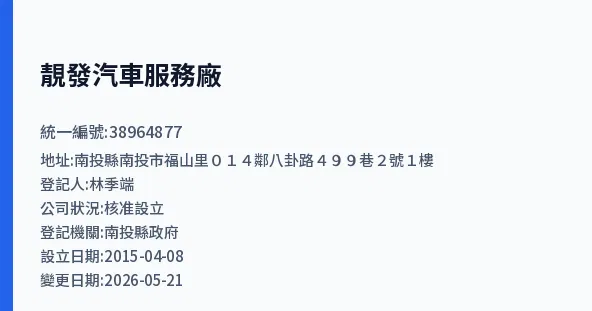 靚發汽車服務廠的照片-統編 38964877(南投縣) 公司登記資料與營業項目詳細圖表