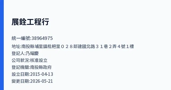 展銓工程行的照片-統編 38964975(南投縣) 公司登記資料與營業項目詳細圖表