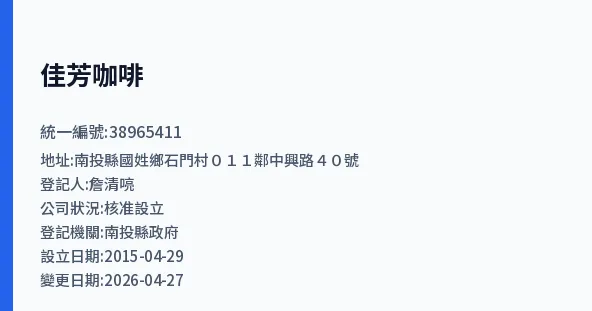 佳芳咖啡的照片-統編 38965411(南投縣) 公司登記資料與營業項目詳細圖表