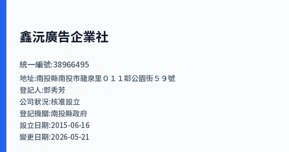 鑫沅廣告企業社的照片-統編 38966495(南投縣) 公司登記資料與營業項目詳細圖表