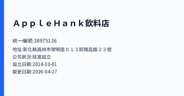 Apple Hank飲料店的照片-統編 38975136(彰化縣) 公司登記資料與營業項目詳細圖表