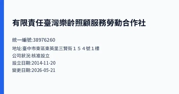 有限責任臺灣樂齡照顧服務勞動合作社的照片-統編 38976260(臺中市) 公司登記資料與營業項目詳細圖表